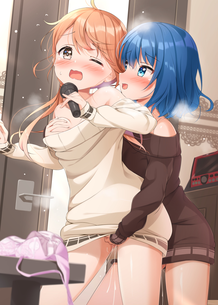 Rule 34 2girls Blue Eyes Blue Hair Blush Bra Bra Removed Breast Grab Breasts Brown Hair