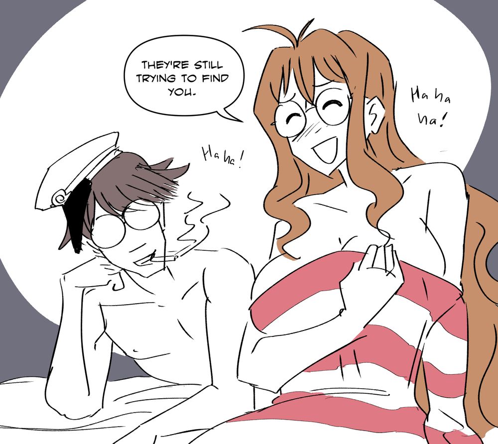 Rule 34 After Sex Afterglow Brown Hair Captain Hat Cigarette Glasses Laughing Long Hair