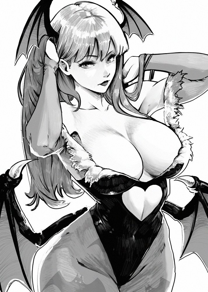 Rule 34 1girls Bangs Bare Shoulders Bat Wings Black And White Busty 8382
