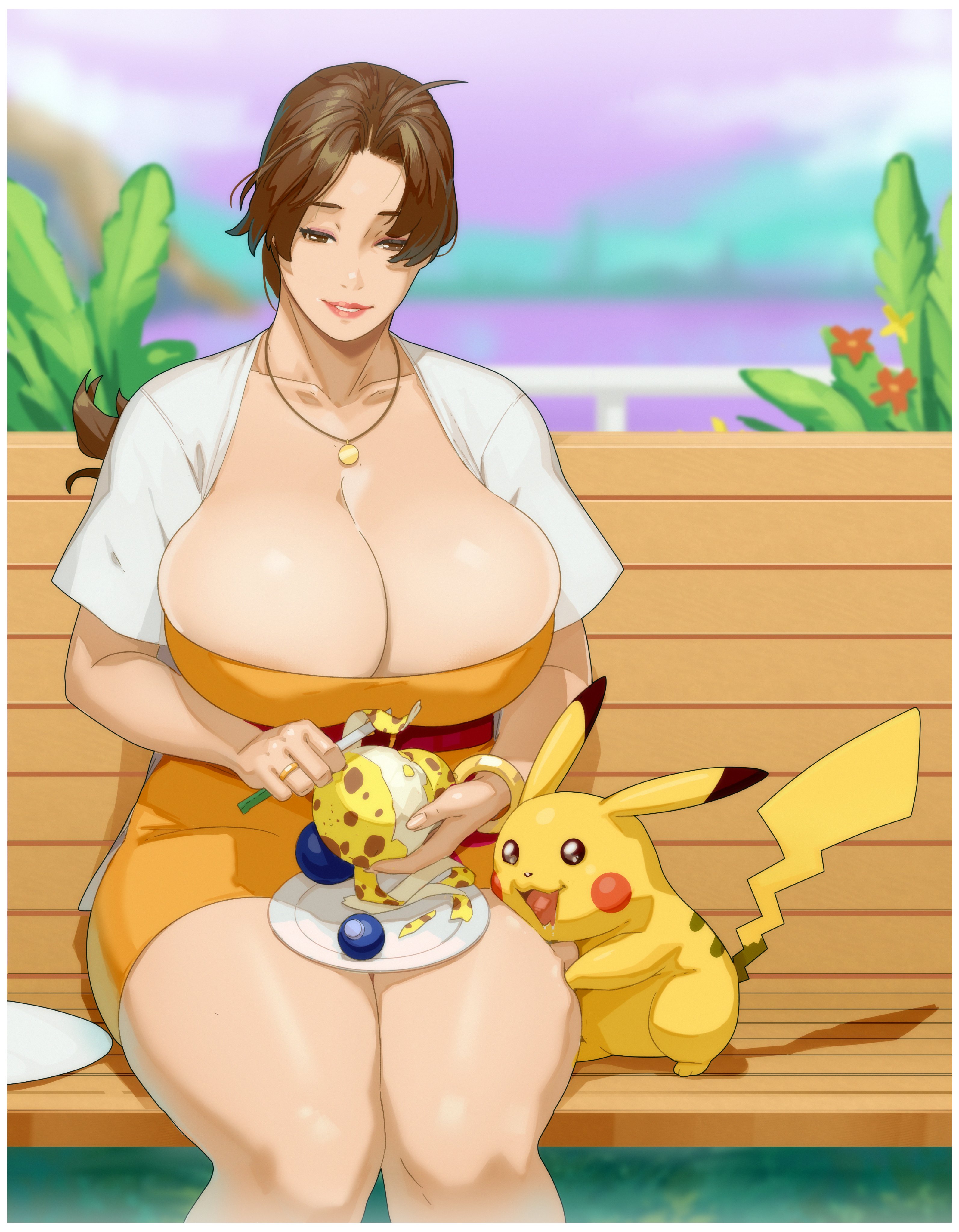 Rule 34 1girls Bare Chest Bench Big Breasts Boobs Breasts Cleavage Cleavage Overflow Delia