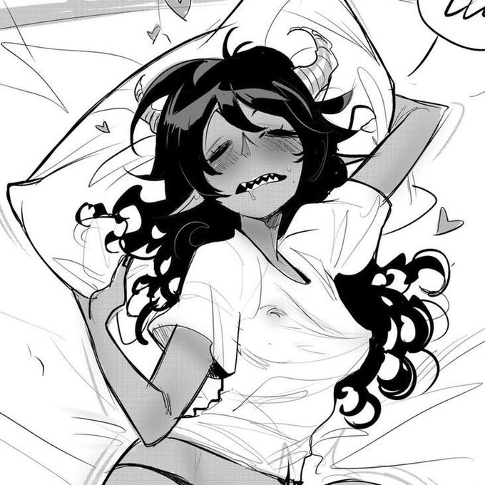 Rule 34 1girls 2020 Bed Black And White Black Hair Blush Demon Demon Girl Devil Drooling Horn