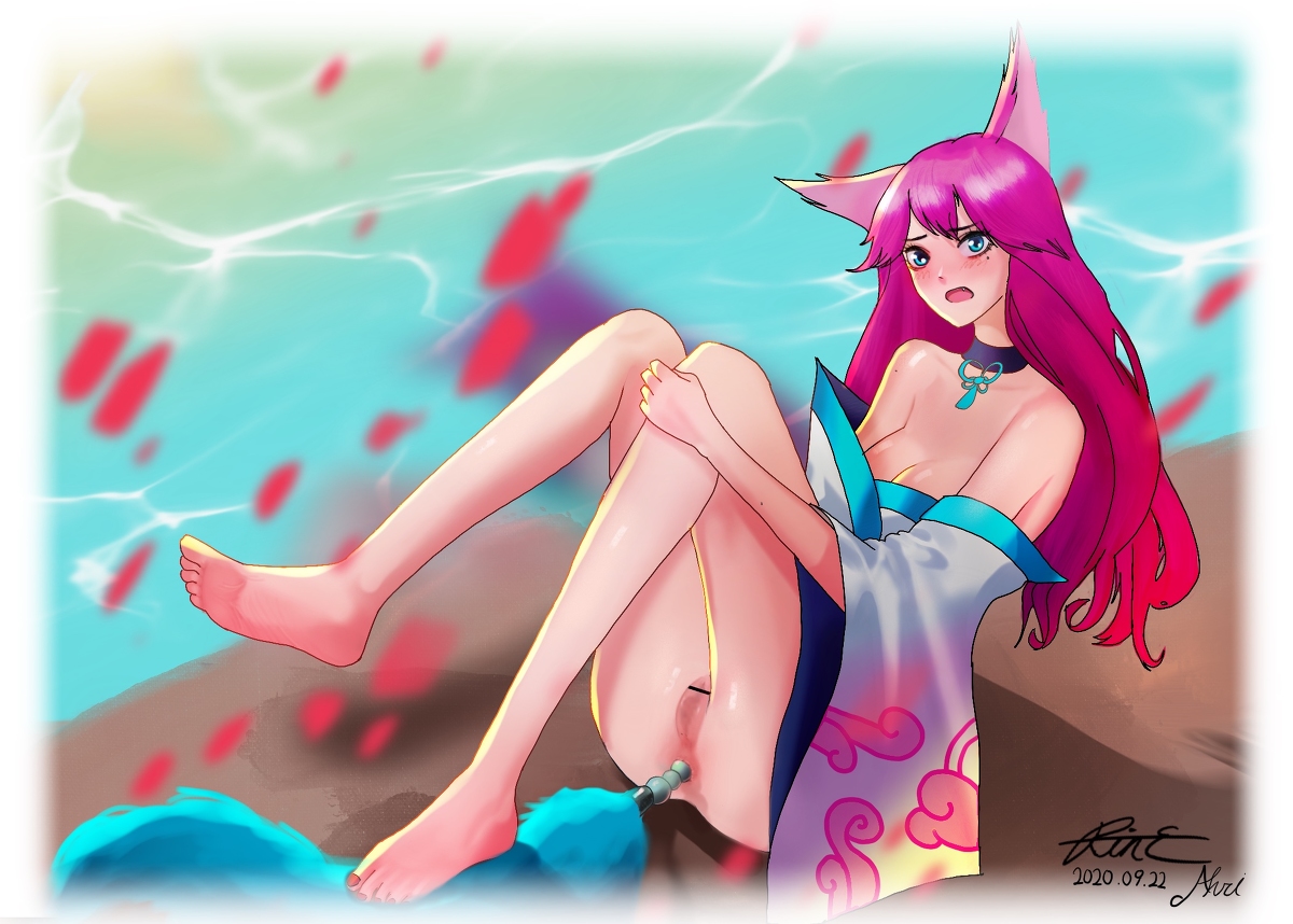 Rule 34 Ahri Anal Beads Anal Beads Tail Blush Clothed Fox Ears League Of Legends Pink Hair