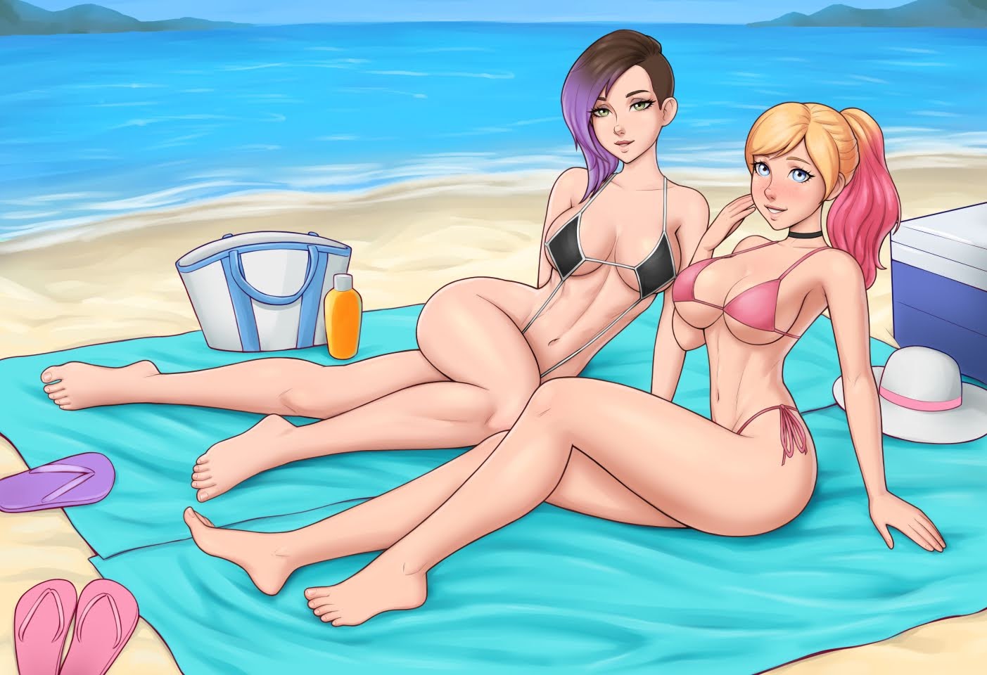 Rule 34 2girls Aesdev Barefoot Beach Bikini Bikini Bottom Bikini Top Black Bikini Cleavage