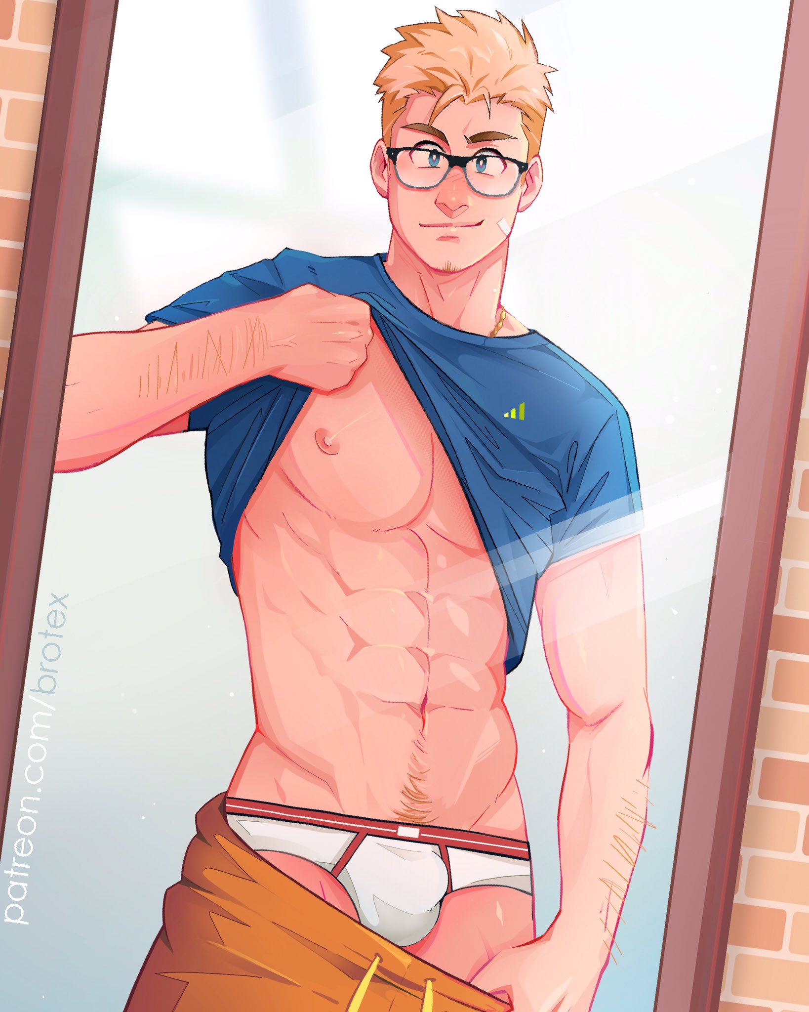 Rule 34 Blonde Hair Cute Glasses Lifting Tshirt Male Male Only T 9296