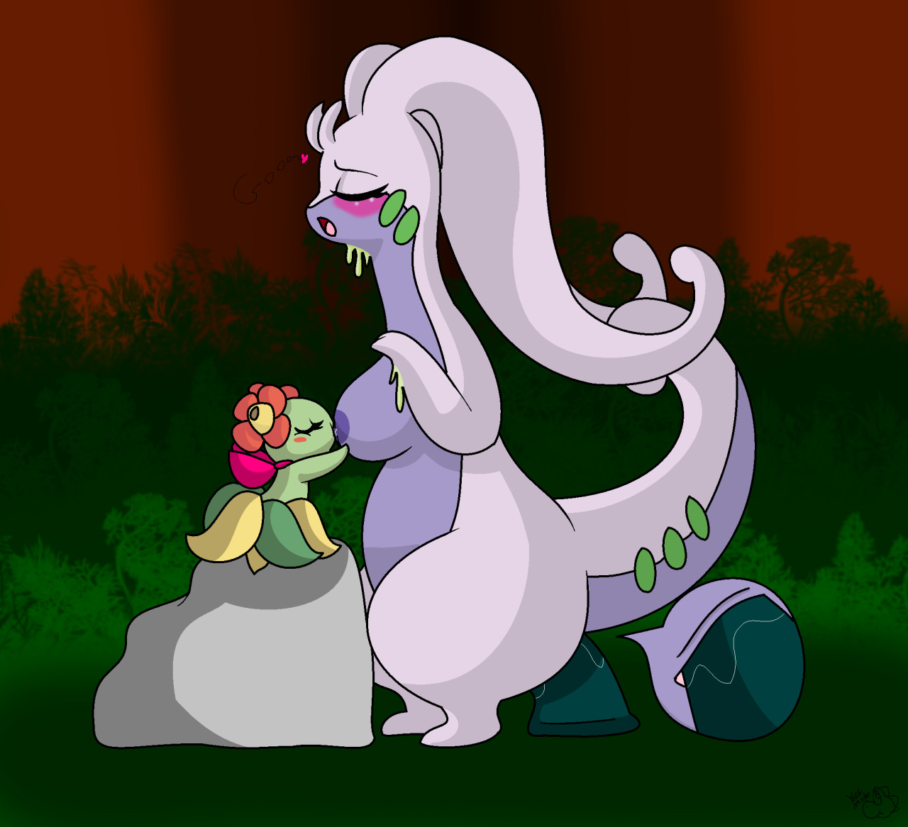Rule 34 2girls Bellossom Goodra Pokémon Species Pokemon Sucking Breasts Yoshimister 7300329