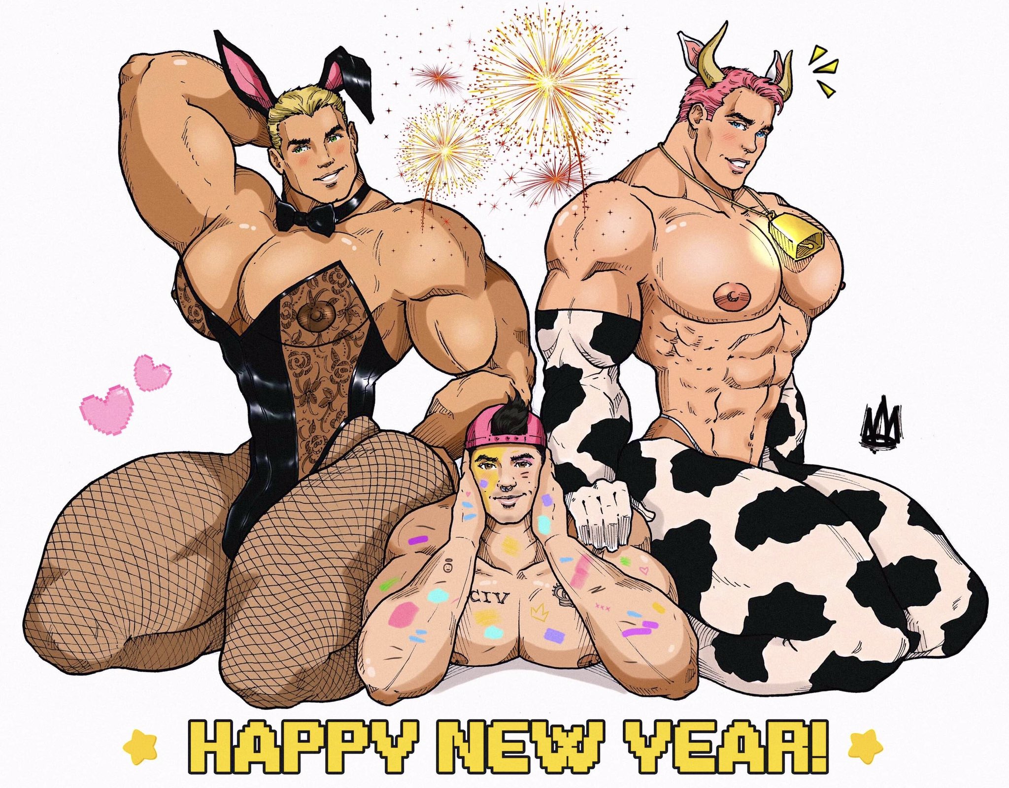 Rule 34 Abs Bunny Ears Cow Cosplay Cow Horns Cow Print Fireworks