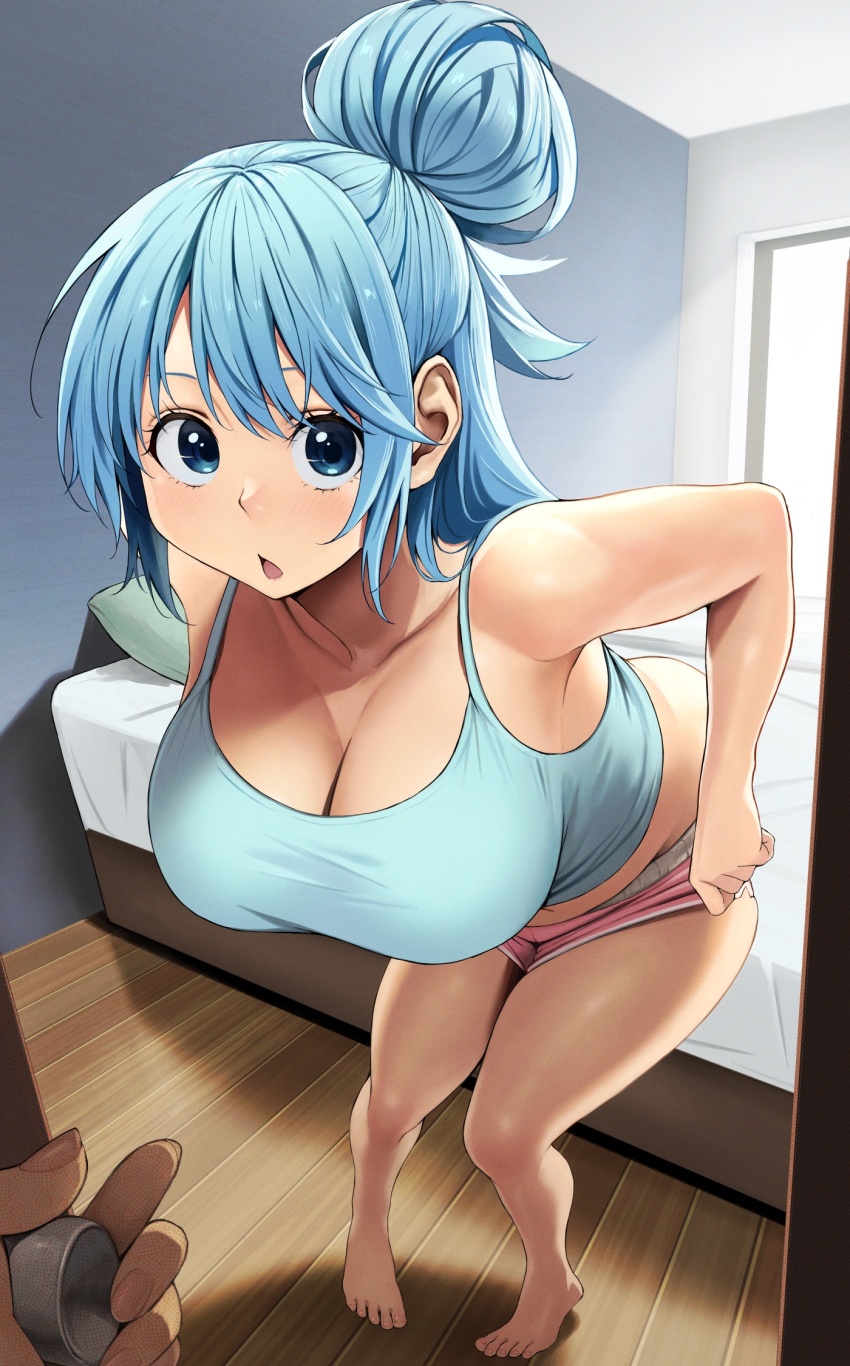 Rule 34 1girls Aqua Konosuba Bare Arms Bare Shoulders Barefoot Bed Blue Eyes Breasts