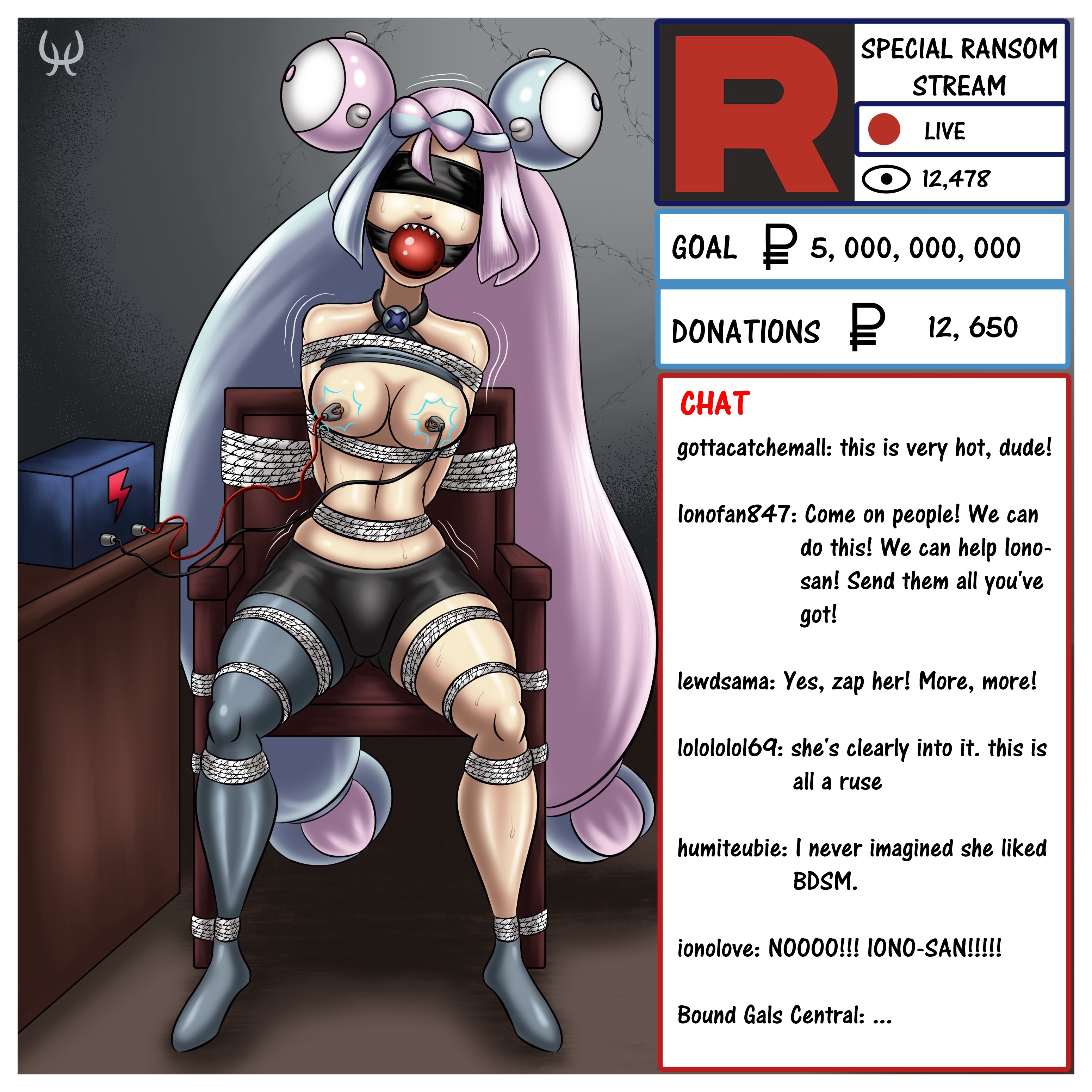 Rule 34 Arms Behind Back Ball Gag Blindfold Blue Hair Bondage Breast
