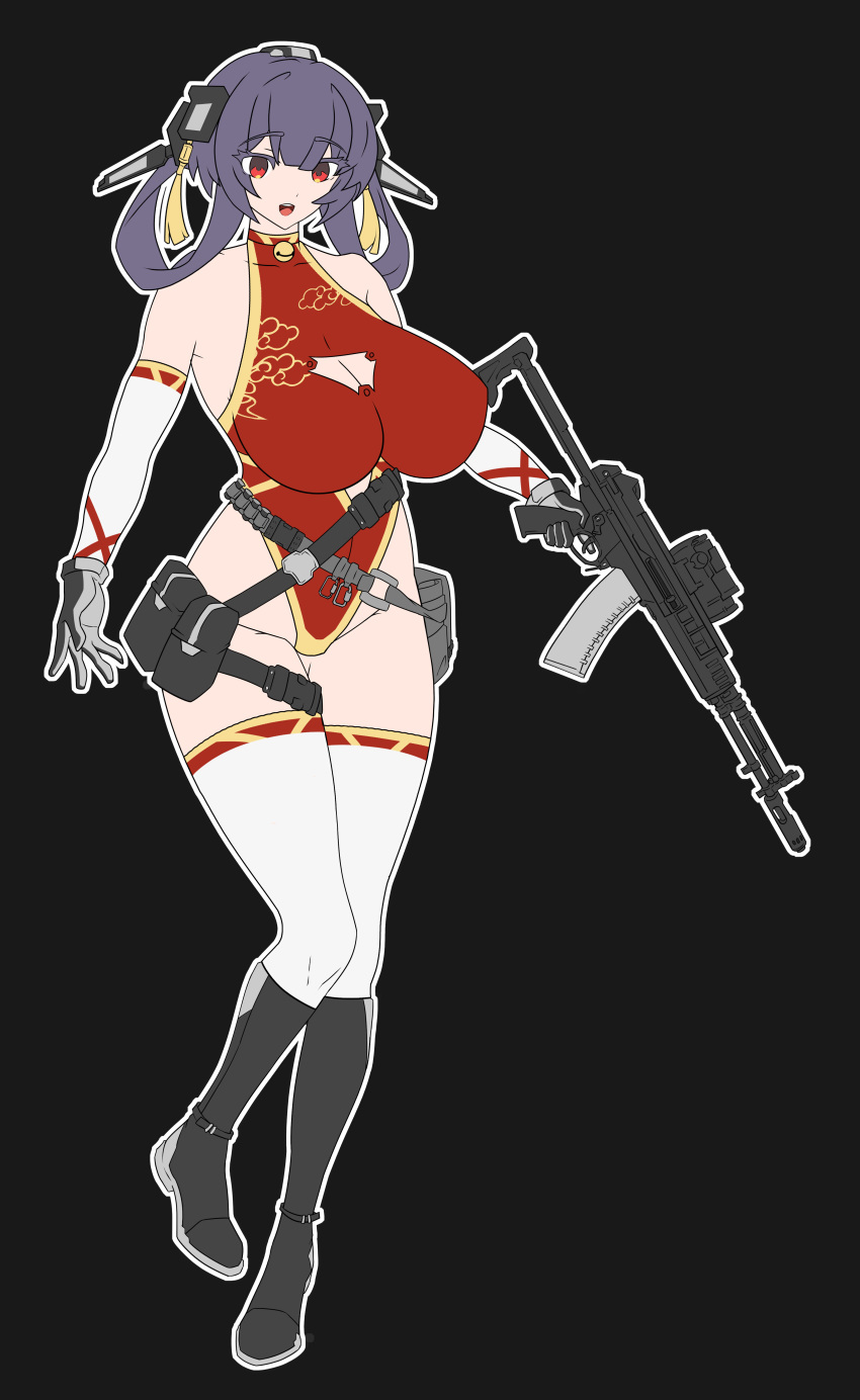 Rule 34 Assault Rifle Bell Collar Boob Window Chinese Dress Gun Looking At Viewer Purple Hair
