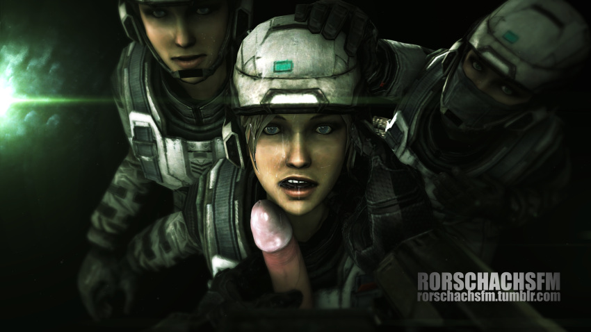 Rule 34 1boy 3d 3girls Armor Assisted Fellatio Blue Eyes Camo Clothed 9213