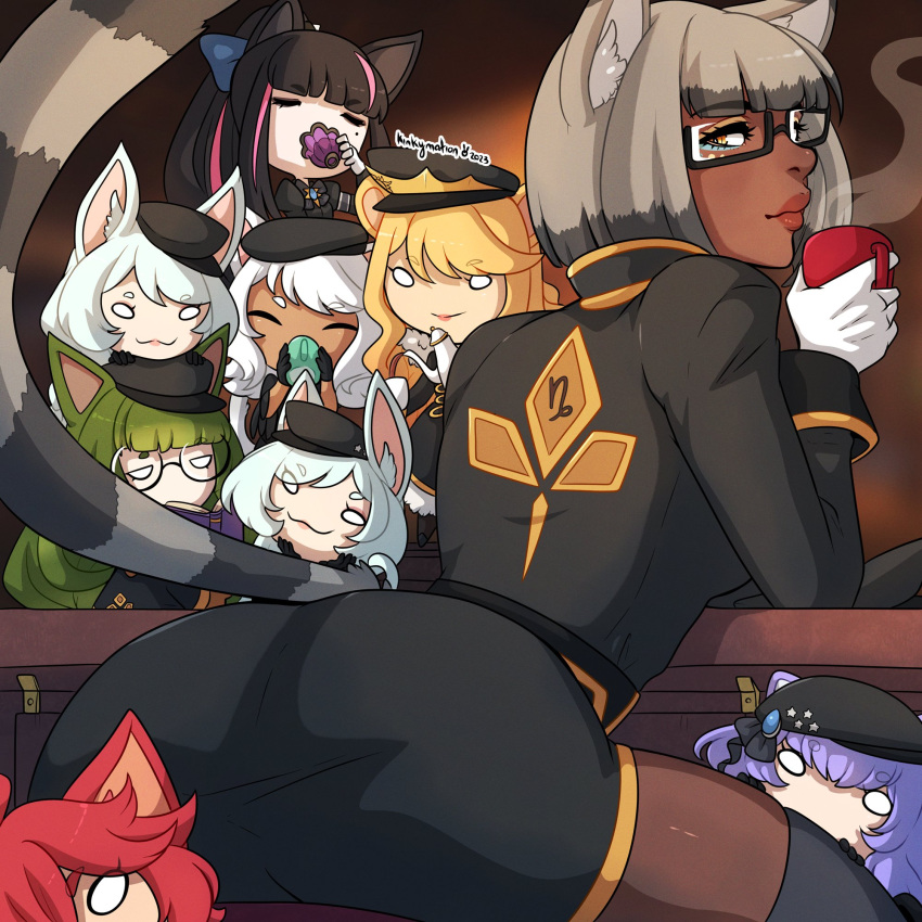 Rule 34 9girls Ass Back View Bangs Black Hair Blonde Hair Blunt Bangs Cat Ears Cat Tail