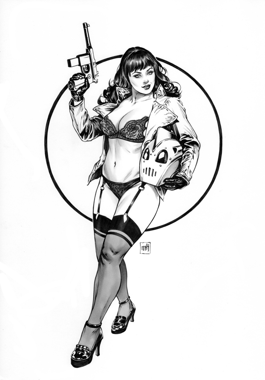 Rule 34 Bettie Page Bra Breasts Garter Straps Gun Lingerie Mike Krome