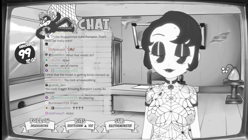 Rule 34 Choker Female Mesh Shirt Monochrome Pumpkin Potion Topless 2099