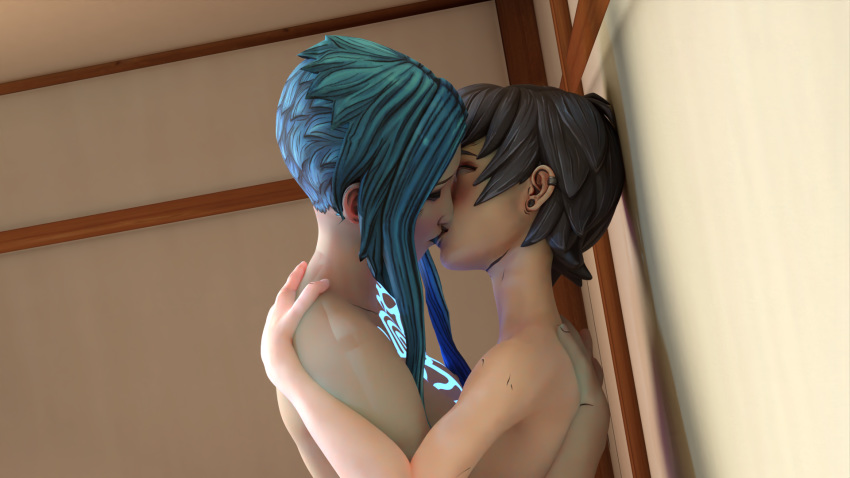 Rule 34 2girls 3d Ava Borderlands Black Hair Blue Hair Blue