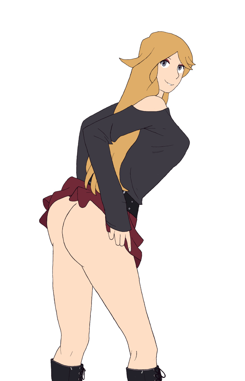 Rule 34 1girls Ass Belt Blonde Female Blonde Hair Boots Exposed Ass Exposed Shoulders Exposing