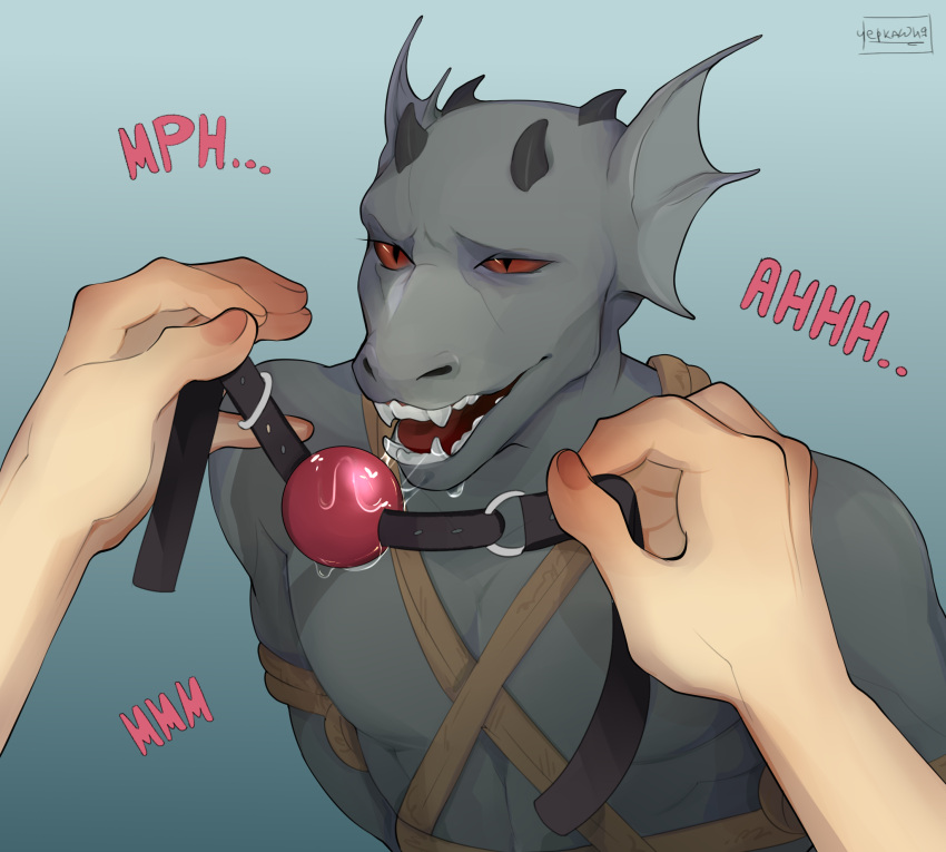Rule 34 Anthro Ball Gag Bandage Black Horn Bodily Fluids Bondage