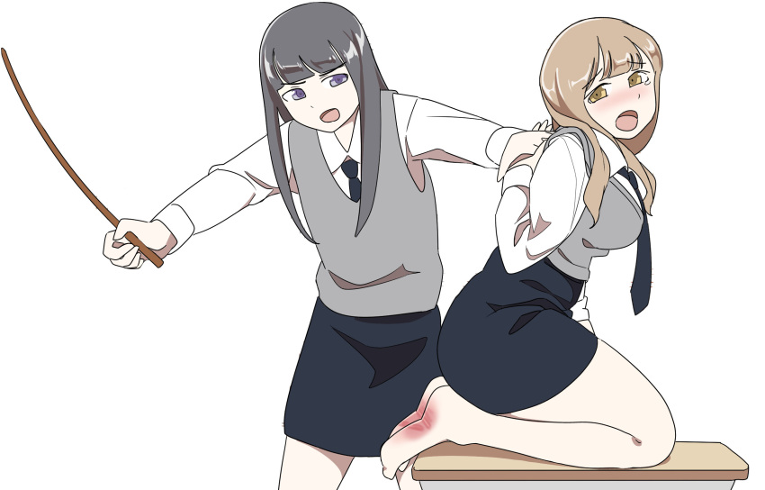 Rule 34 2girls Bastinado Black Hair Blonde Hair Blue Eyes Cane Caning