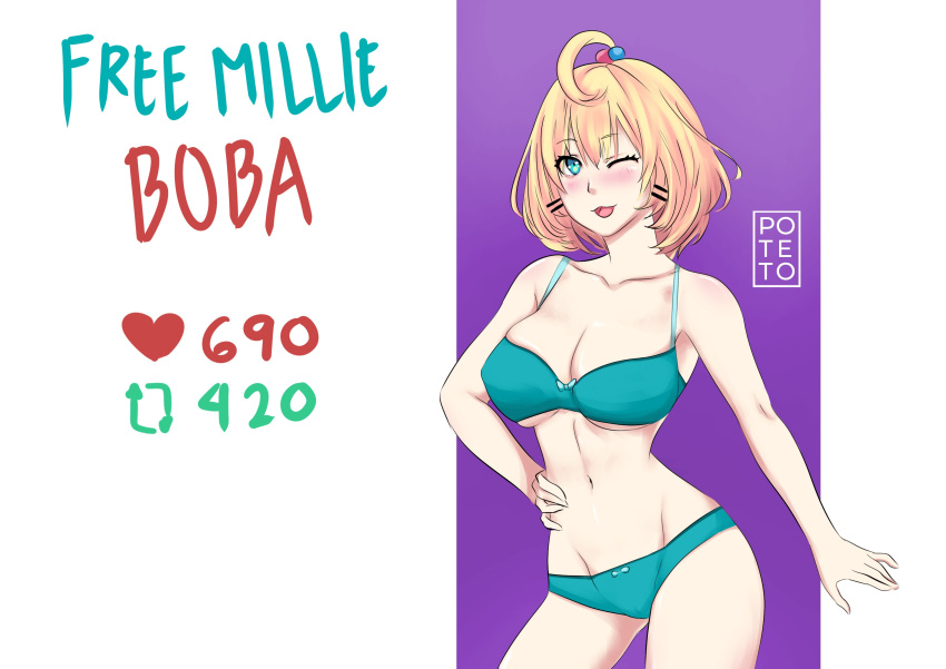 Rule 34 1girls Ahoge Bare Midriff Bare Shoulders Belly Button Big Breasts Blonde Hair Blue