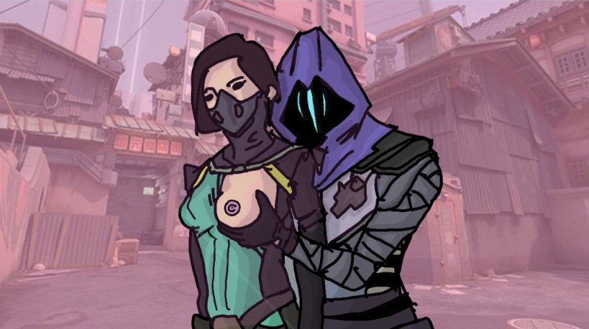 Rule 34 Breasts Grope Groping Groping Breasts Male Female Mask Omen Valorant One Breast Out