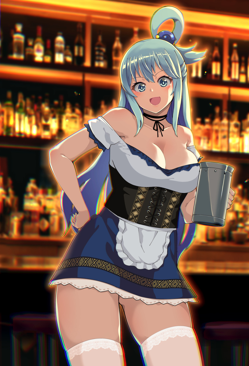 Rule 34 1girls Aqua Konosuba Bar Beer Stein Blue Eyes Blue Hair