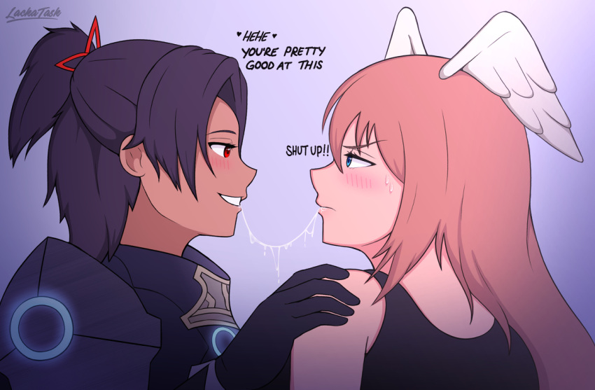 Rule 34 2girls After Kiss Armor Ashera Xenoblade Black Hair Blue Eyes Blush Brown Hair