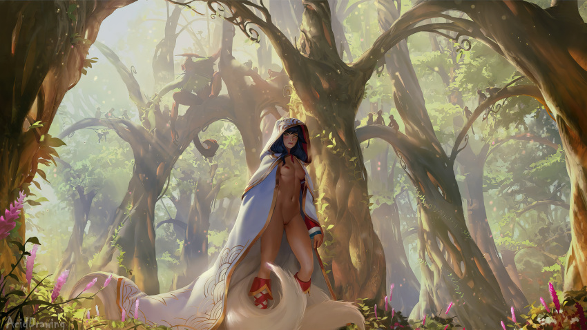 Rule 34 9 Tails Aciddrawing Ahri Belly Belly Button Blue Hair Breasts