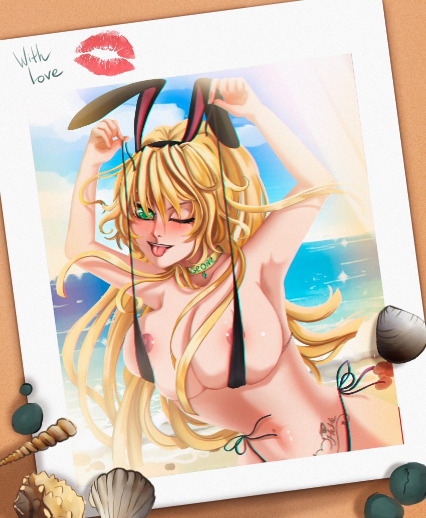 Rule 34 1girls Beach Blonde Hair Breast Lift Bunny Ears Collar G String Geone Green Eyes Kiss