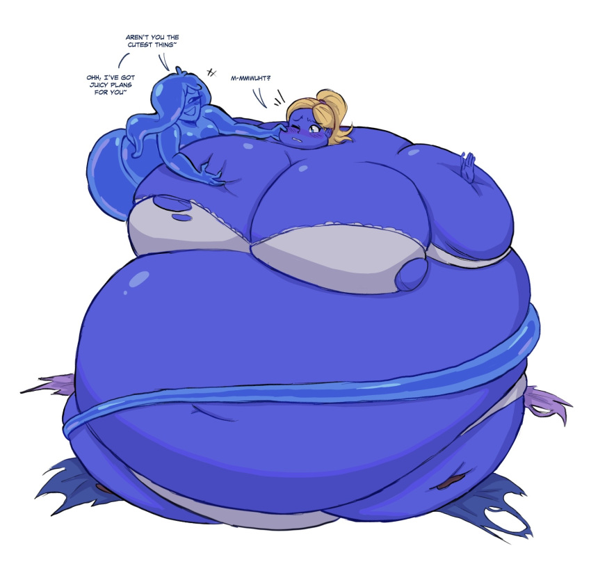 Rule 34 2girls Belly Expansion Big Belly Big Breasts Blonde Hair Blue Skin Blue Slime
